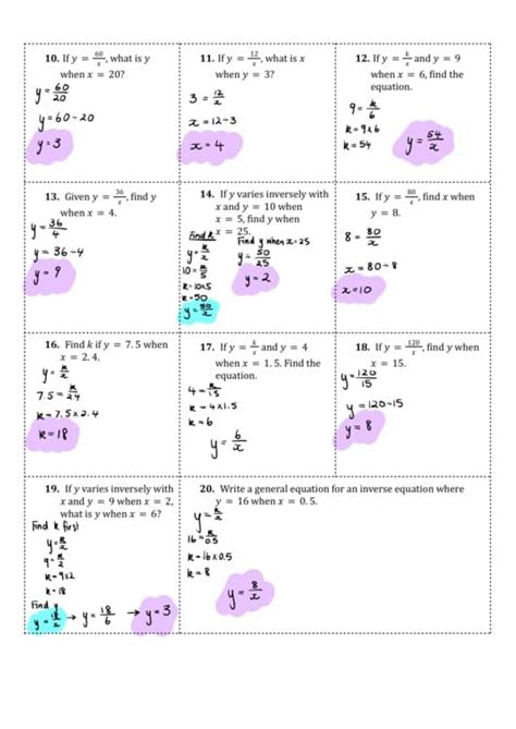 Indirect Variation Inverse Proportion Worksheet Answer Key
