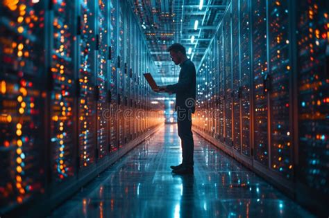 Technician Working With Laptop In Modern Data Center Stock Illustration Illustration Of