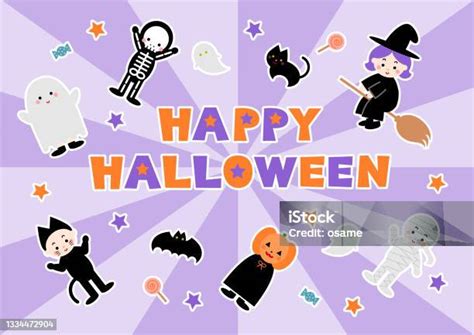 즐거운 할로윈 보내세요 변장한 아이들 마녀 호박 유령 검은 고양이 미라 해골 박쥐 별 사탕 벡터 그림입니다 10월에 대한 스톡 벡터 아트 및 기타 이미지 Istock