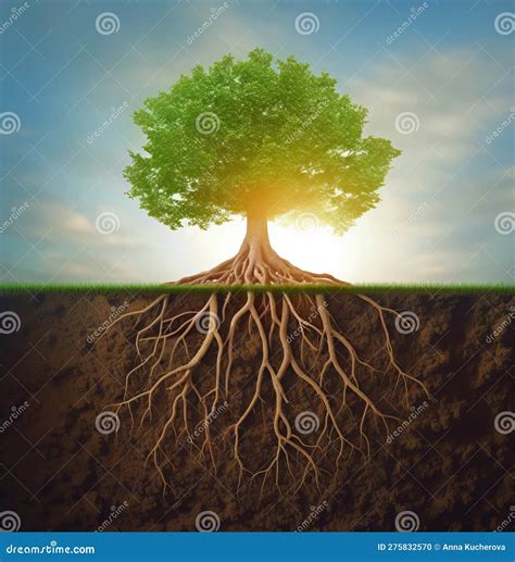 Lonely Tree With Its Root System Growing Deep Into The Ground Soil Cross Section Generative AI