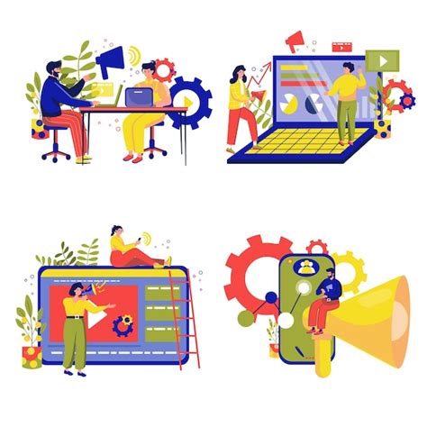 평평한 만화 디자인의 사람들 장면을 사용한 마케팅 세트 개념 마케팅 담당자는 함께 작업합니다 프리미엄 벡터