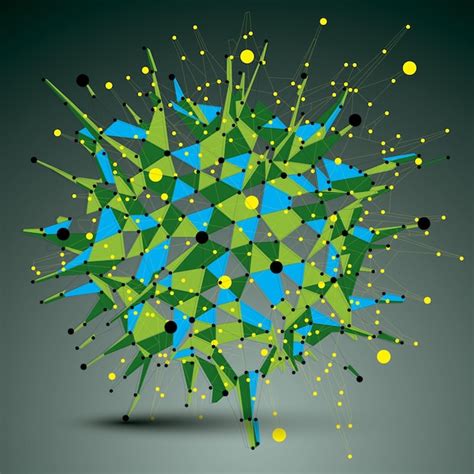 현대 기술의 녹색 세련된 미래 지향적인 건축 연결된 선과 점이 있는 추상 3d 그림 프리미엄 벡터