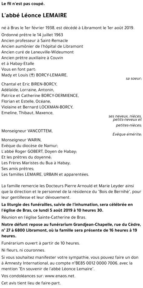 Avis De Décès De Léonce Lemaire Décédé Le 01082019 à Libramont