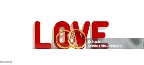 두 개의 금반지와 흰색 배경에 사랑과 결혼을 상징하는 Love라는 단어 3d 렌더링 결혼 반지에 대한 스톡 사진 및 기타 이미지 결혼 반지 결혼 의식 결혼식 Istock