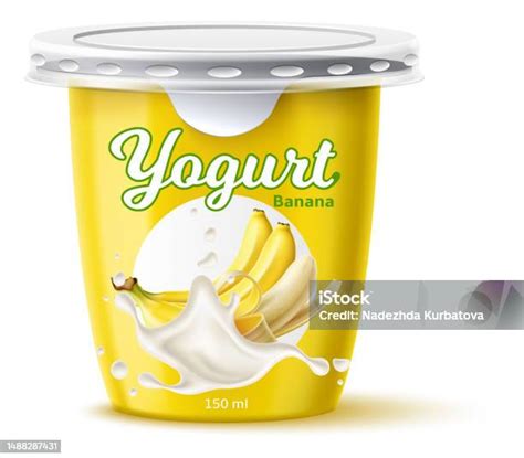 요구르트 패키지 디자인 유제품 육즙이 많은 노란색 바나나 발효유 식품을위한 밀폐 된 항아리 건강에 좋은 간식 천연 향료 크림 디저트 용기 모형입니다 벡터 플라스틱 3d