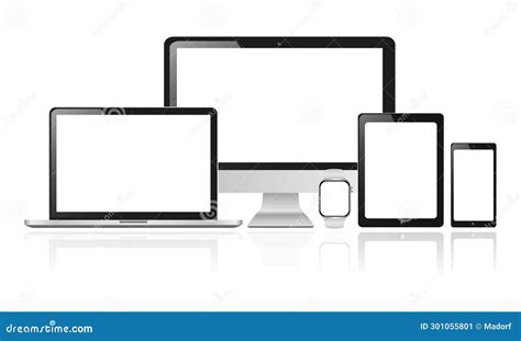 Collection Of Silver Colored Devices Realistic Vector Design Of Desktop Computer Laptop