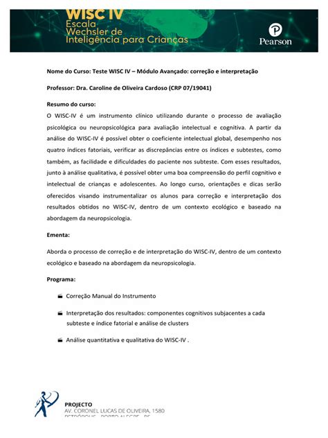 Programa Teste Wisc Iv Módulo Avançado Correção E Interpretação Pdf Neuropsicologia