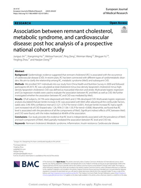 Pdf Association Between Remnant Cholesterol Metabolic Syndrome And Cardiovascular Disease