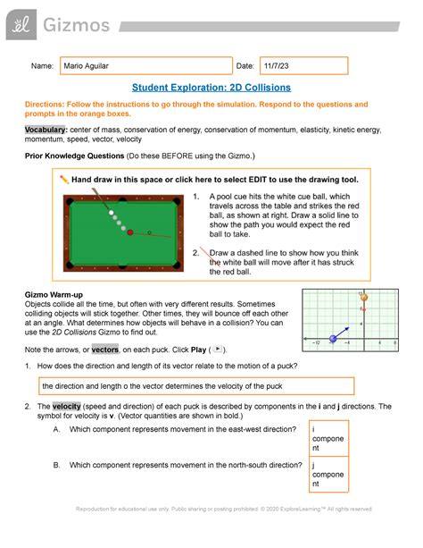 D Collisions Answers Name Mario Aguilar Date Student Exploration D Collisions Studocu