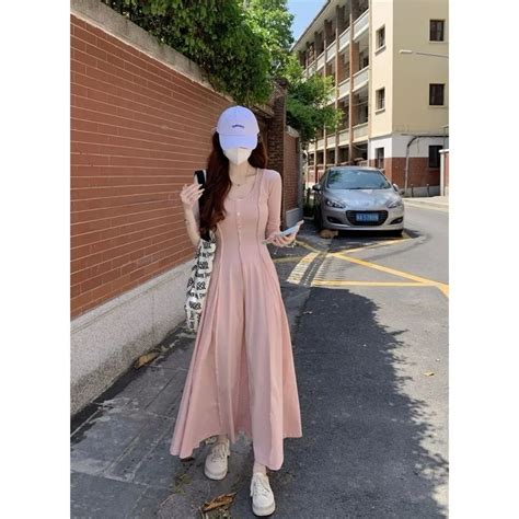 부드러운 스타일 핑크 드레스 여성 허리 포옹 슬리밍 플리츠 스커트 중간 길이 A 라인 스커트 2023 여름 신제품 Aliexpress