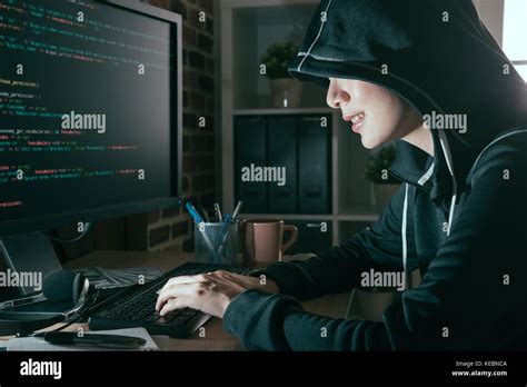 Smiling Beautiful Woman Hacker Using Personal Online System Design