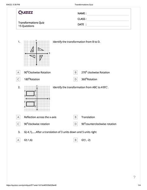 Transformations Quiz1 Transformations 15 Questions Quiz Name Class