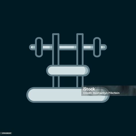 검은 배경에 고립 된 바벨 아이콘이 있는 라인 벤치 체육관 장비 보디 빌딩 파워 리프팅 피트니스 개념 그림자가 있는 평면으로 채워진 윤곽선 스타일입니다 벡터 가득 찬에 대한