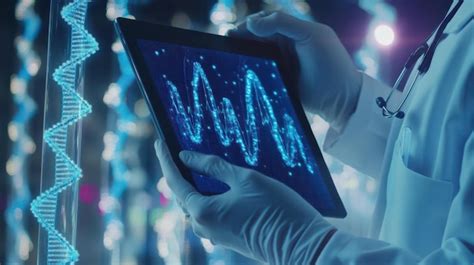 A Scientist Examines Complex Genetic Data On A Tablet Amidst Glowing Dynamic Dna Structures
