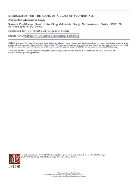 Lupas 1977 Inequalities For The Roots Of A Class Of Polynomials Pdf