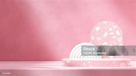 3d 이미지 렌더링 빈 공간 흰색 곡선 연단 풍경 테라조 핑크 컬러 아치 배경 기하 도형에 대한 스톡 사진 및 기타 이미지