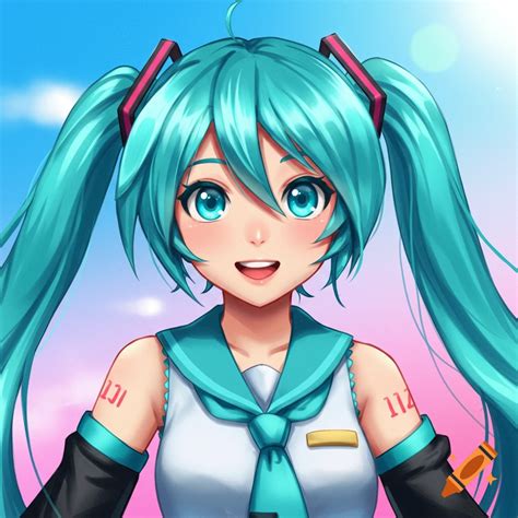 Anime Portrait Of Hatsune Miku In Her Signature Costume Against A Pink Holographic Background