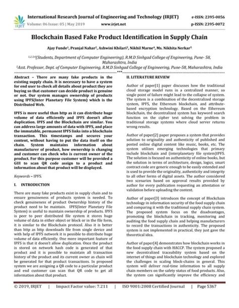 Irjet Blockchain Based Fake Product Identification In Supply Chain Pdf