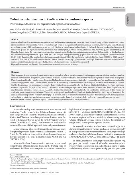 Pdf Cadmium Determination In Lentinus Edodes Mushroom Species