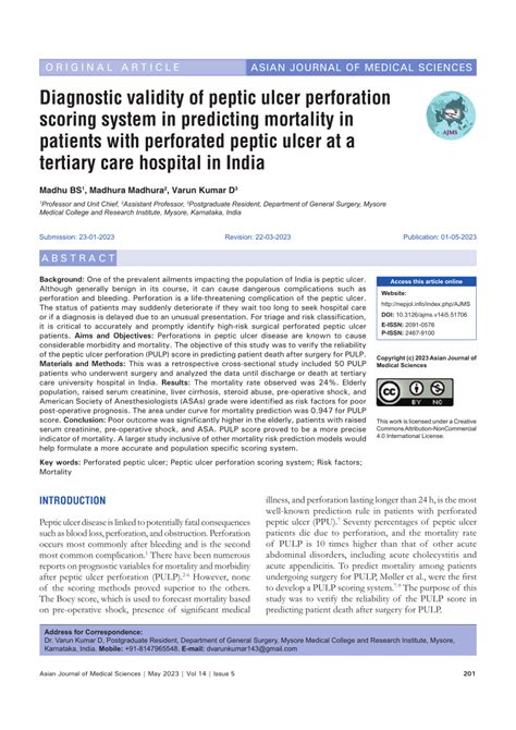 Pdf Diagnostic Validity Of Peptic Ulcer Perforation Scoring System In Predicting Mortality In