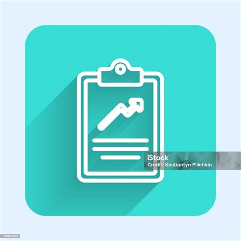 긴 그림자로 격리 된 그래프 차트 아이콘이있는 흰색 라인 클립 보드 텍스트 파일 아이콘을 보고합니다 회계 기호 감사 분석 계획