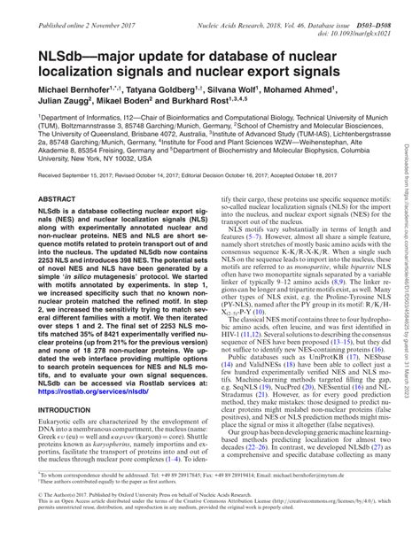 Pdf Nlsdb Major Update For Database Of Nuclear Localization Signals And Nuclear Export Signals