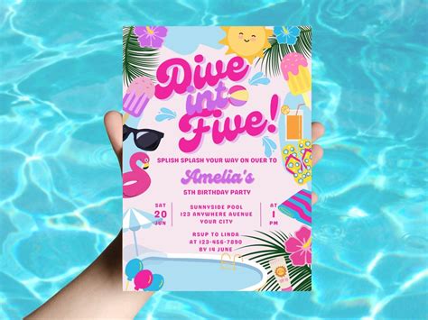 Dive Into Five Birthday Invitation Girls 5th Birthday Party Invite