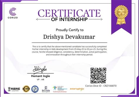 Proud To Have Completed My Web Development Internship At Corizo Drishya Devakumar