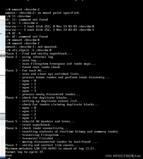 断电导致xfs dm 2 corruption detected unmount and run xfs repair，操作报