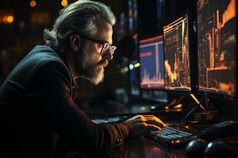 Premium Photo | Trader analyst wearing eyeglasses working at computer ...