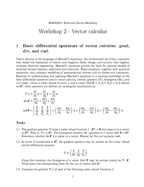 W02 Vector Calculus Lecture Notes Elen30011 Electrical Device Modelling Workshop 2 Vector