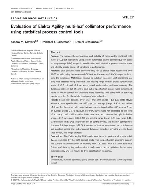 Pdf Evaluation Of Elekta Agility Multi‐leaf Collimator Performance Using Statistical Process