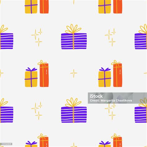 선물로 완벽한 패턴 밝은 손으로 그린 배경 선물 상자가있는 축제 디지털 종이 포장지 섬유 장식을위한 귀여운 디자인 벡터 일러스트 레이 션 12월에 대한 스톡 벡터 아트 및