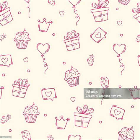 생일 완벽 한 패턴입니다 파티 장식 아이템 생일 크림 케이크 선물 상자 화환 파티 어린이를 위한 휴일 축제를 위한 손으로 그린 배경 벡터 만화 그림입니다 공휴일에 대한 스톡