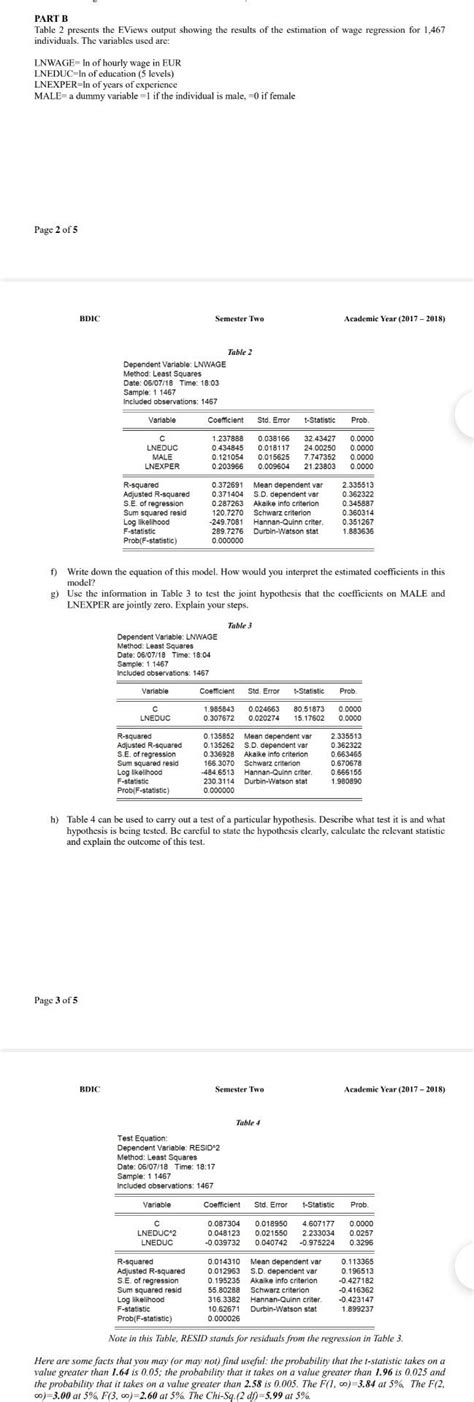part b table 2 presents the eviews output showing the