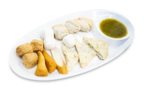 Top View Of Boiled Fish Balls With Seafood Dipping Sauce Focus
