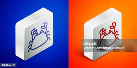 파란색과 주황색 배경에 격리 된 등색 선 게 아이콘 실버 스퀘어 버튼 벡터 갈고리 발톱에 대한 스톡 벡터 아트 및 기타 이미지