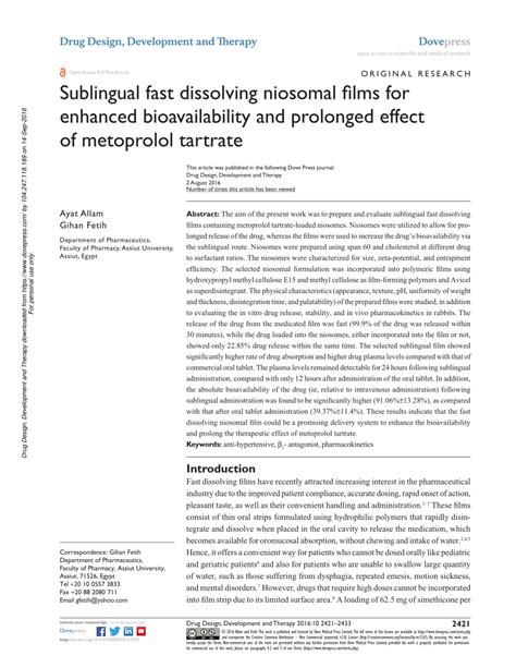 Pdf Sublingual Fast Dissolving Niosomal Films For Enhanced