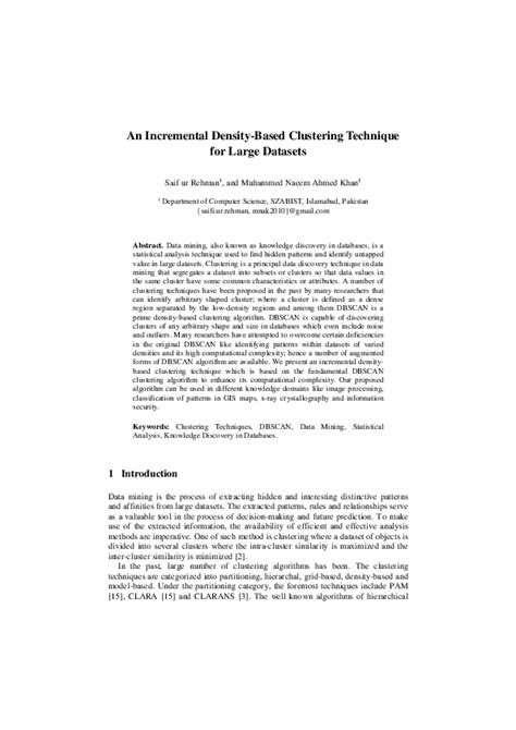 Pdf An Incremental Density Based Clustering Technique For Large Datasets