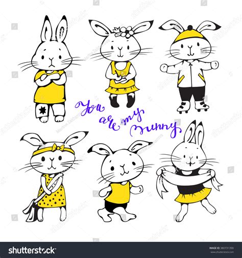 Illustration Funny Cartoon Bunnies Handdrawn Drawing Stock Vector