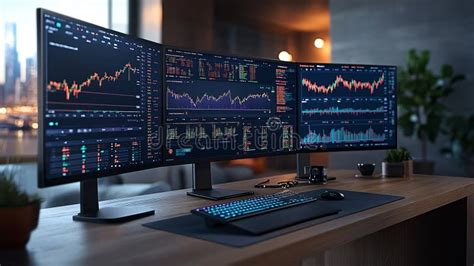 Modern Office Desk Featuring A Desktop Computer With Multiple Monitors Displaying Financial