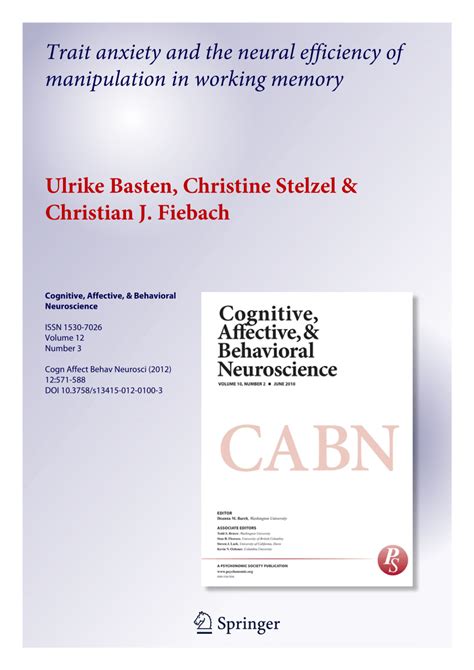 Pdf Trait Anxiety And The Neural Efficiency Of Manipulation In Working Memory