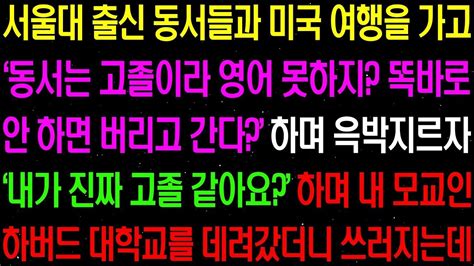 실화사연 서울대 출신 동서들과 미국 여행을 가고 동서는 고졸이라 영어 못하지 하며 조롱하자 내 모교인 하버드를 데리고 갔더니 라디오사연 썰사연 사이다사연 감동