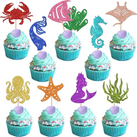 Amazon.com: 30 Pack Mermaid Cupcake Toppers Glitter Seahorse Starfish Mermaid Tail Cupcake Picks ...