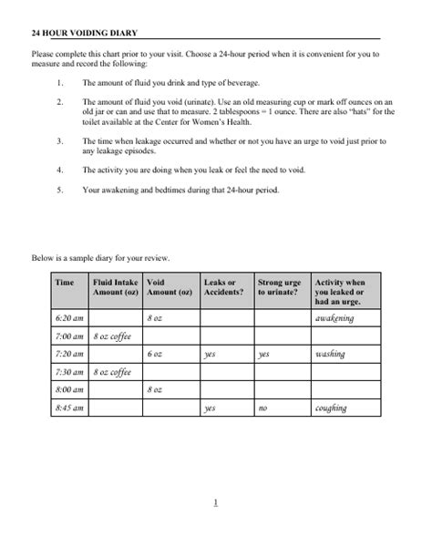 24 Hour Voiding Diary Template Download Printable Pdf Templateroller