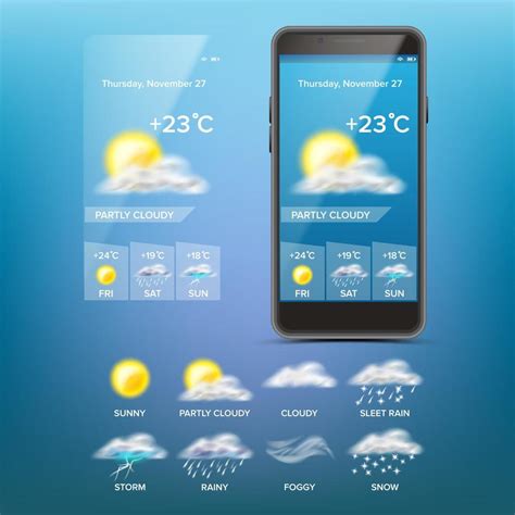 Weather Forecast App Vector Weather Icons Set Blue Background Mobile Weather Application