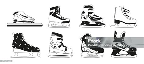 피겨 스케이팅 하키 쇼트트랙 겨울의 즐거움을 위한 모노크롬 아이스 스케이트 세트 얼어붙은 링크에서 Promise Grace 0명에 대한 스톡 벡터 아트 및 기타 이미지