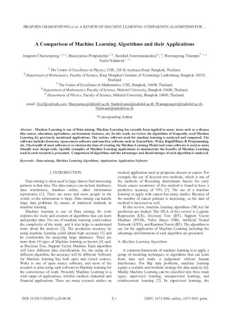PDF A Comparison Of Machine Learning Algorithms And Their A Comparison Of Machine