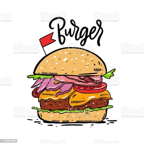 เบอร์เกอร์ แฮมเบอร์เกอร์มือวาดภาพประกอบเวกเตอร์ สไตล์การ์ตูน แยกบนพื้นหลังสีขาว ภาพประกอบสต็อก