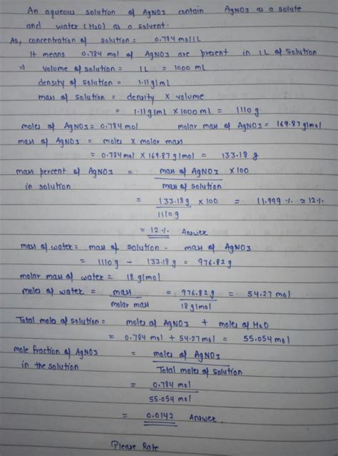 An Aqueous Solution Of Silver Nitrate Agno3 Has A Concentration Of 0